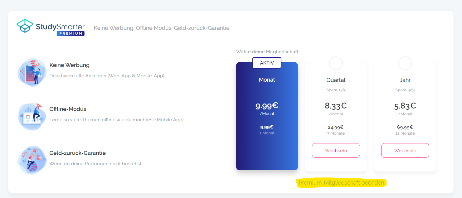 StudySmarter Premium Mitgliedschaft kündigen – StudySmarter Support-Center
